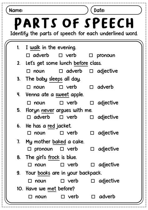 18 Four Parts Of Speech Worksheet - Free PDF at worksheeto.com - Auto News