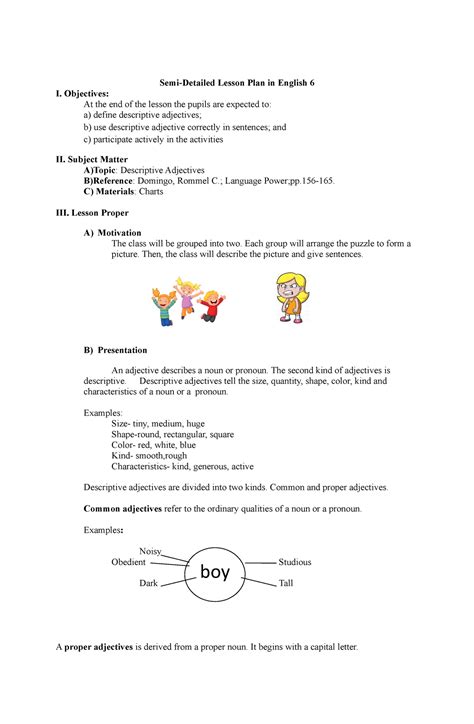 Adjectives Semi-detailed Lesson Plan - Semi-detailed Lesson Plan ...