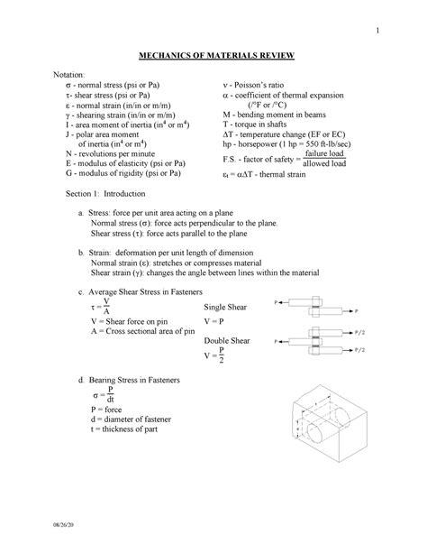 Mechanicsof Materials Formula sheet - MECHANICS OF MATERIALS REVIEW ...