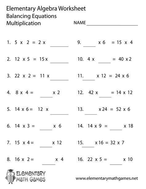 multiplication elementary algebra worksheet printable - multiplication ...