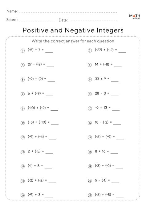 Negative Integers Worksheet Compare And Order Positive And Negative ...