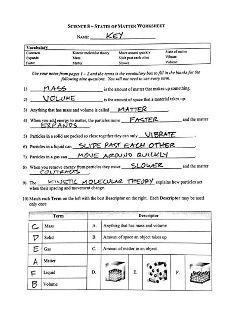 States of Matter Worksheet - SCIENCE 8 - STATES OF MATTER ...