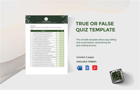 True or False Quiz Template in Word, PDF, Google Docs - Download ...